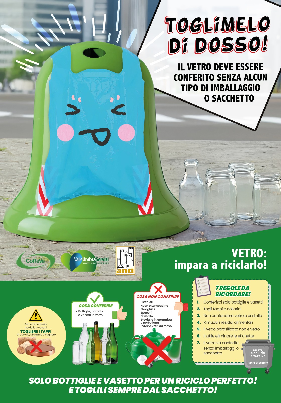 Il vetro va conferito senza sacchetti! | Valle Umbra Servizi